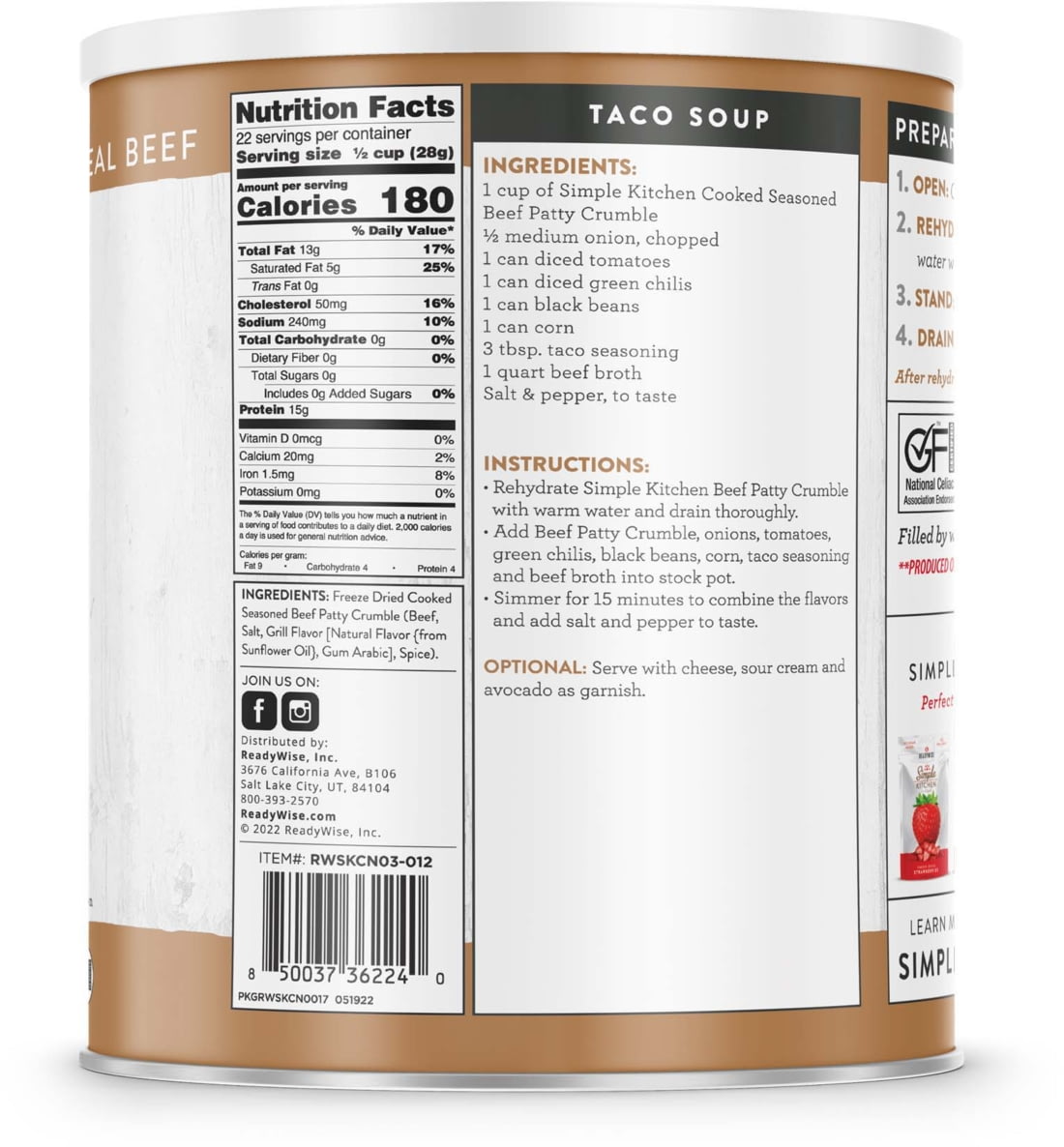 ReadyWise Simple Kitchen Freeze-Dried Seasoned Beef Patty Crumbles - 22 ...