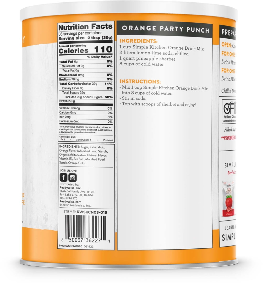 ReadyWise Simple Kitchen Orange Drink Mix- 86 Serving Can — CampSaver